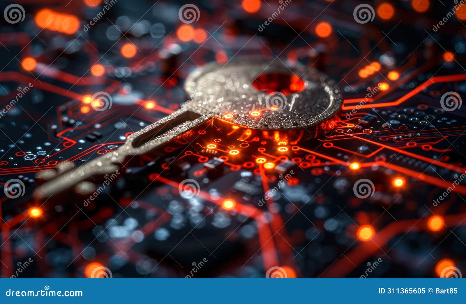 Glowing Key Symbol on a Circuit Board Pattern Illustrating Data Encryption Cybersecurity and ...