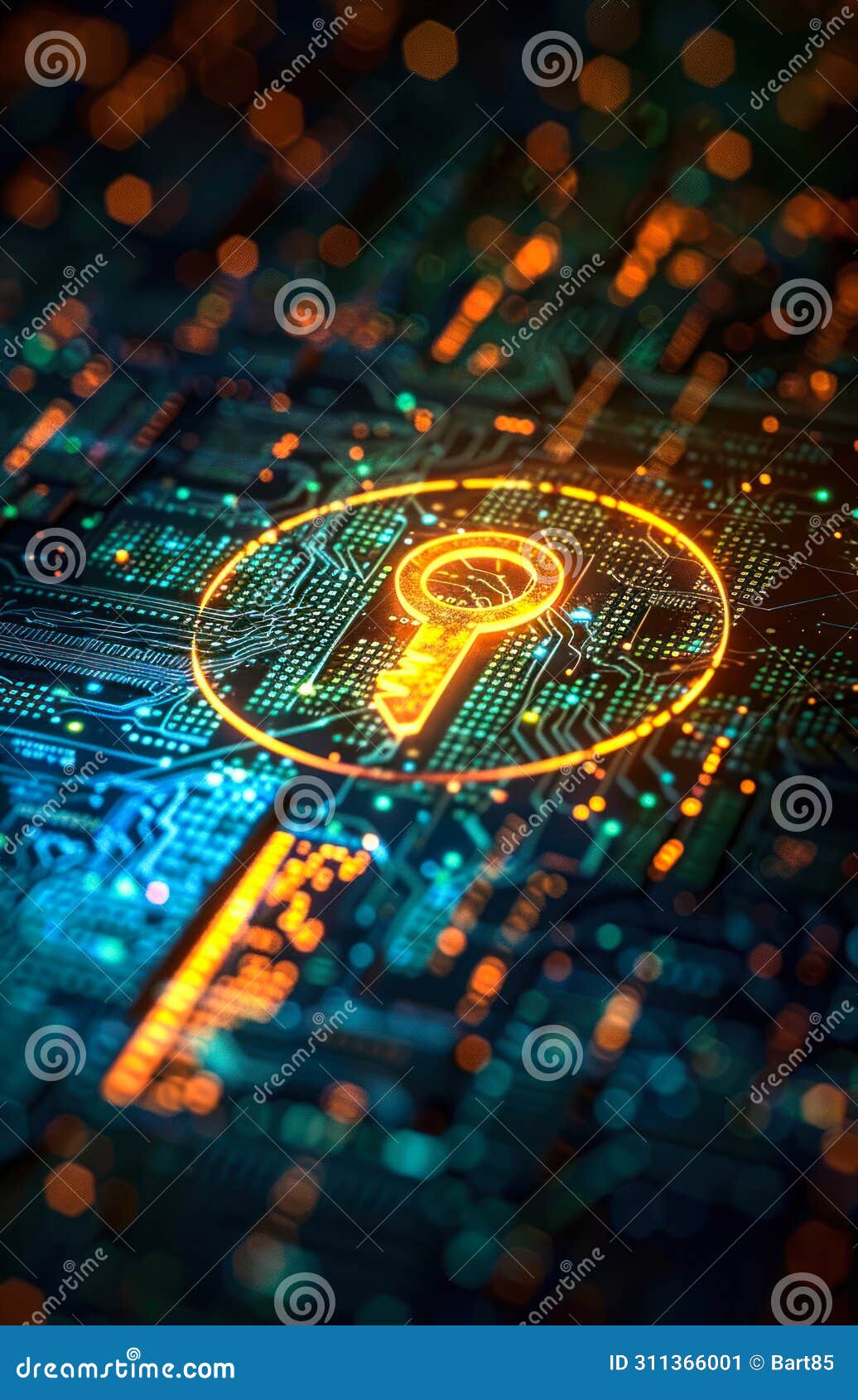 Glowing Key Symbol on a Circuit Board Pattern Illustrating Data Encryption Cybersecurity and ...