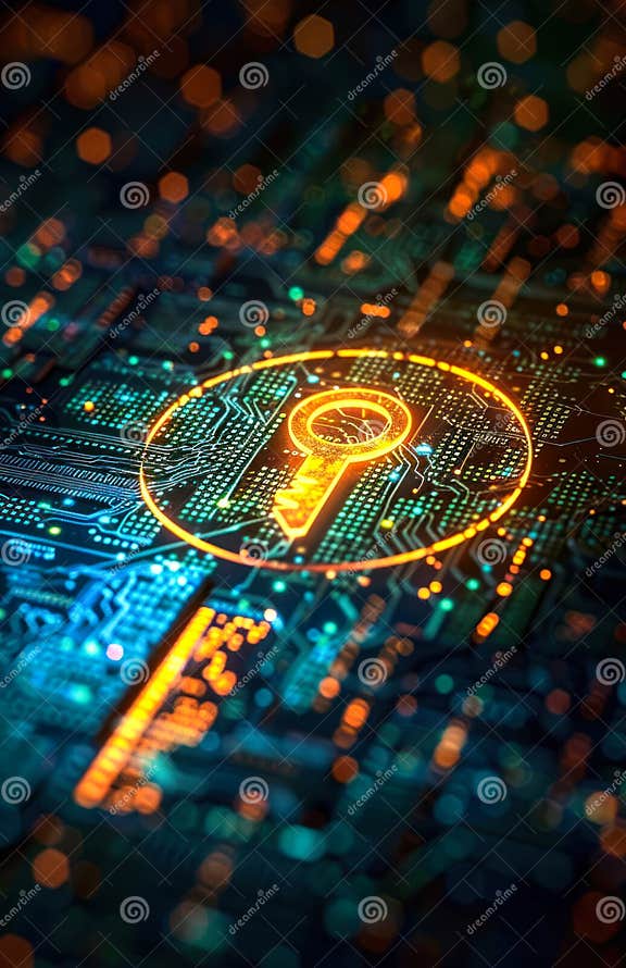 Glowing Key Symbol on a Circuit Board Pattern Illustrating Data ...