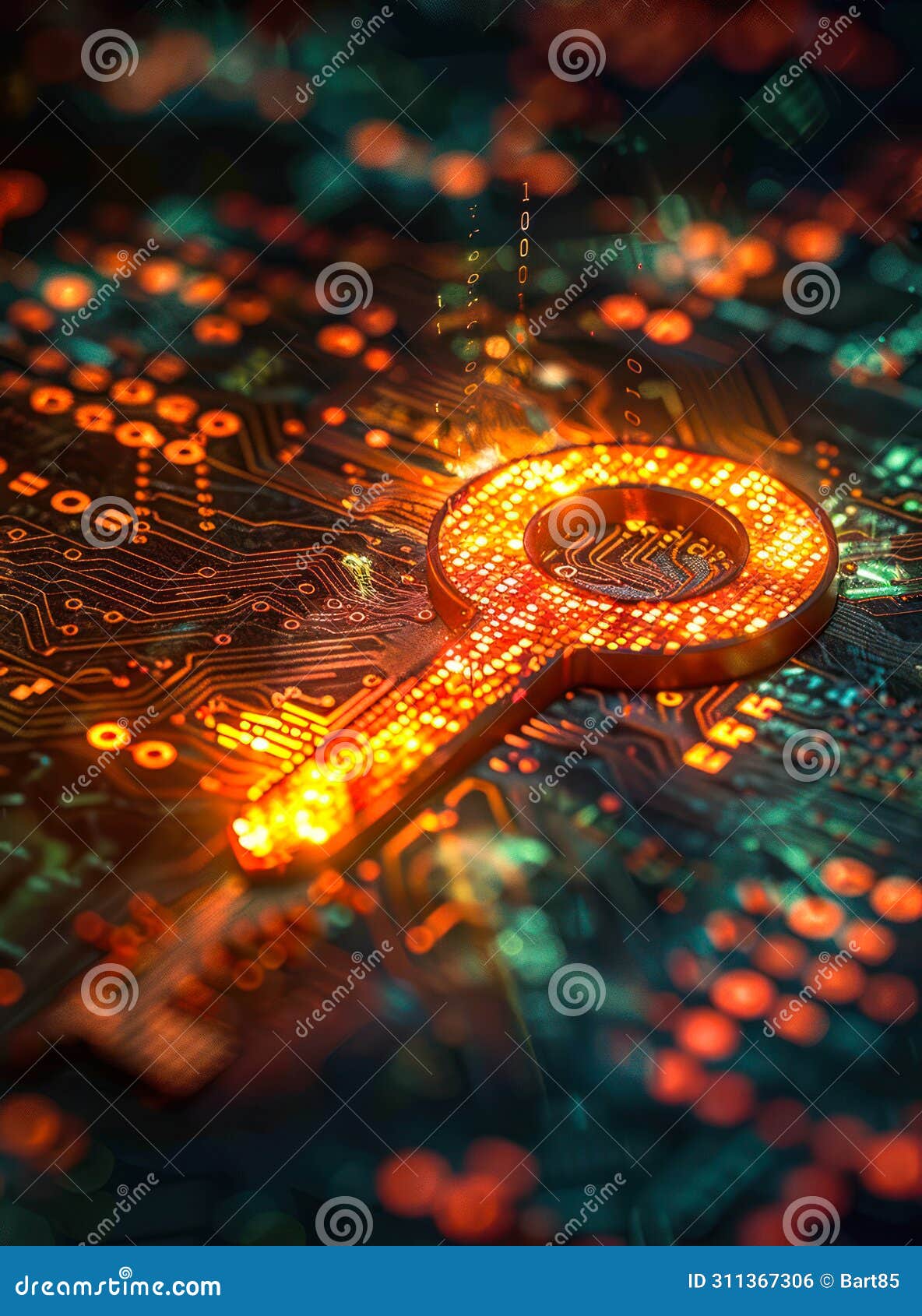 Glowing Key Symbol on a Circuit Board Pattern Illustrating Data Encryption Cybersecurity and ...