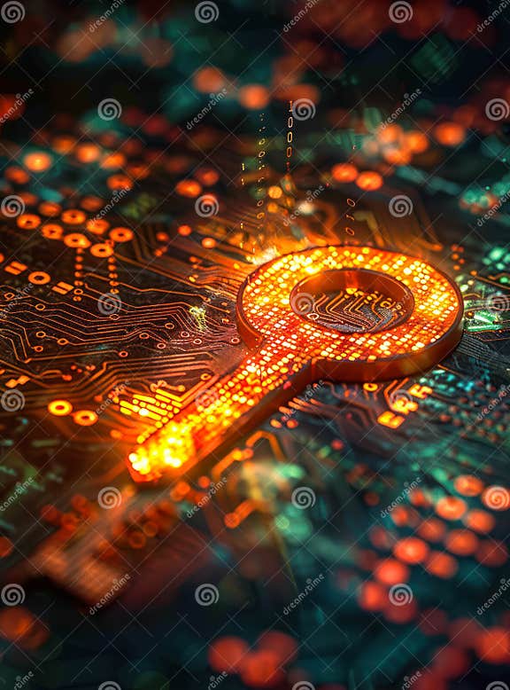 Glowing Key Symbol on a Circuit Board Pattern Illustrating Data Encryption Cybersecurity and ...