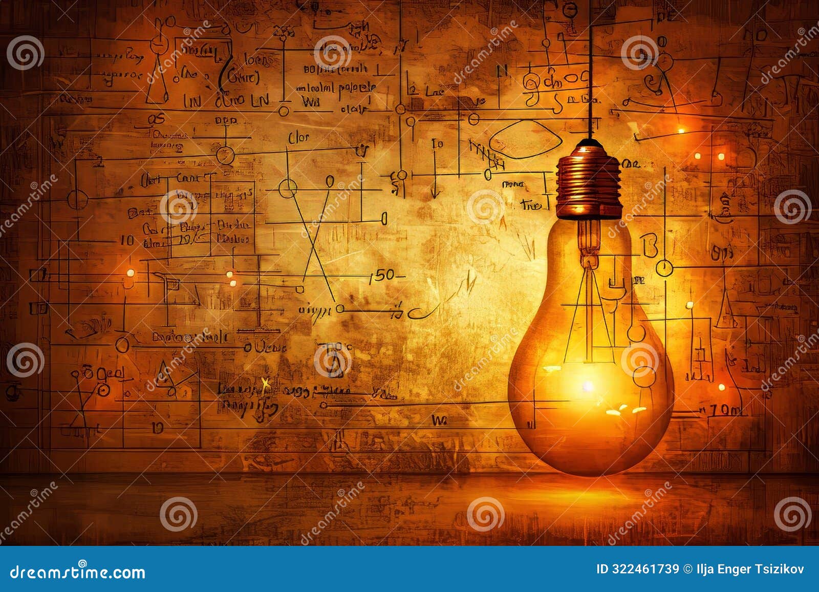 Glowing Lamp Symbolizing Scientific Thought Amid Physical and Math ...