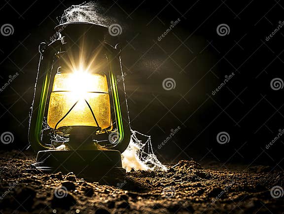 A Glowing Lantern Emits Light in a Dark Environment, Surrounded by Dust ...