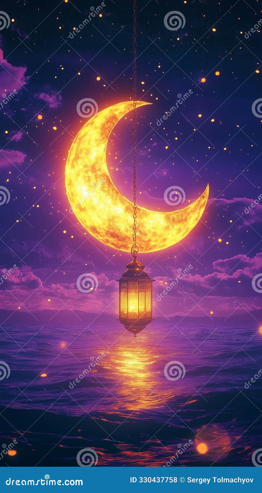 A Glowing Lantern Hanging from a Crescent Moon Over a Tranquil Ocean at ...
