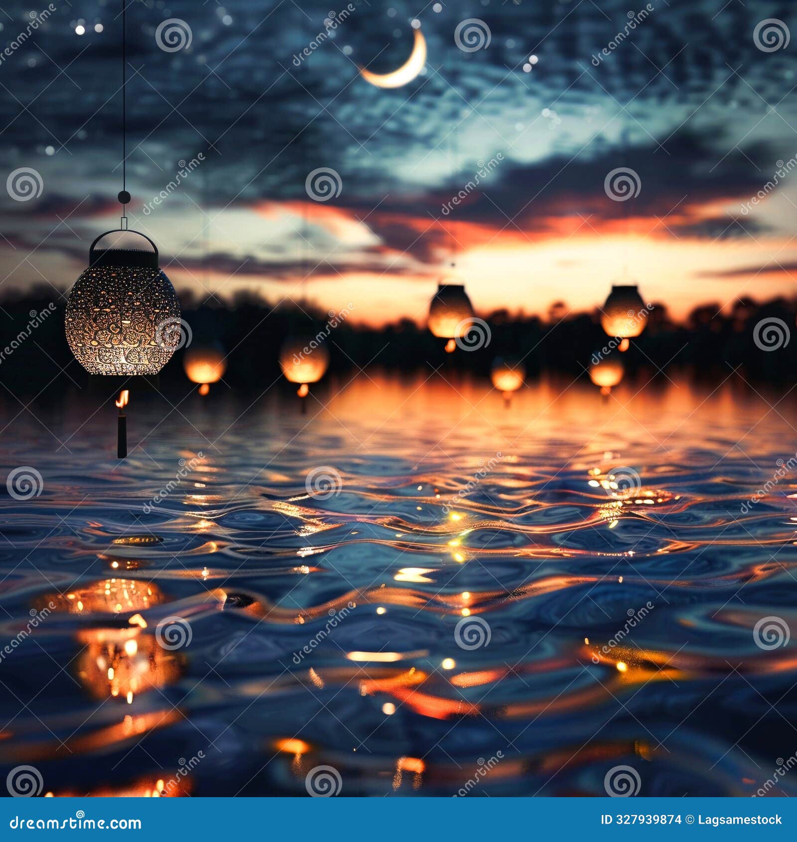 Glowing Lanterns Float On A Serene Lake At Dusk With The Reflection Of ...