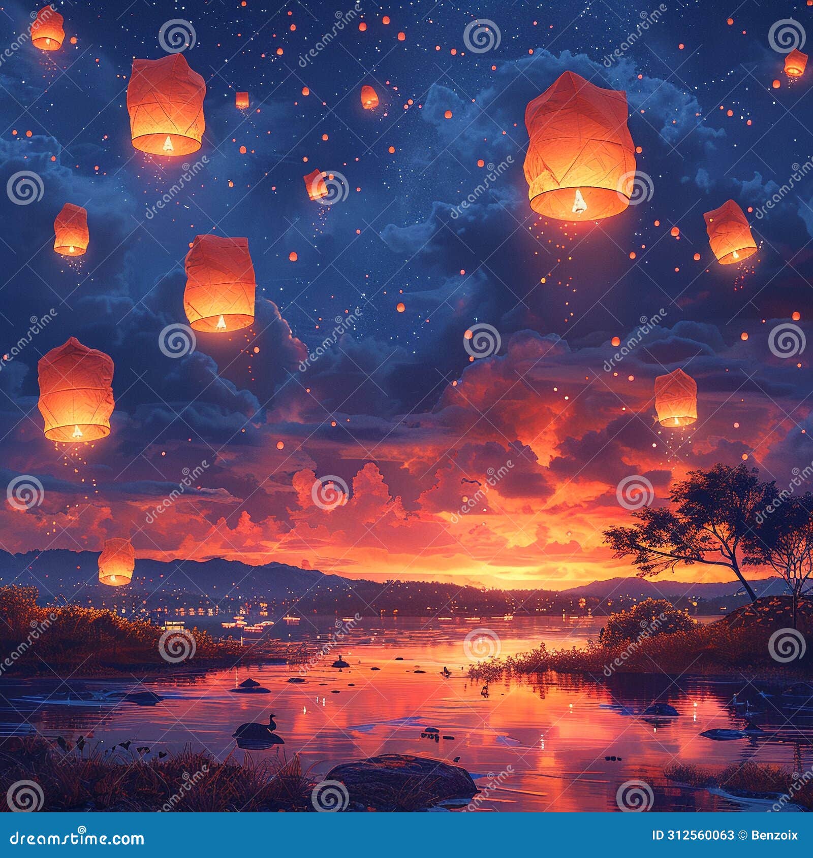 Glowing Lanterns Floating into the Night Sky Stock Image - Image of ...