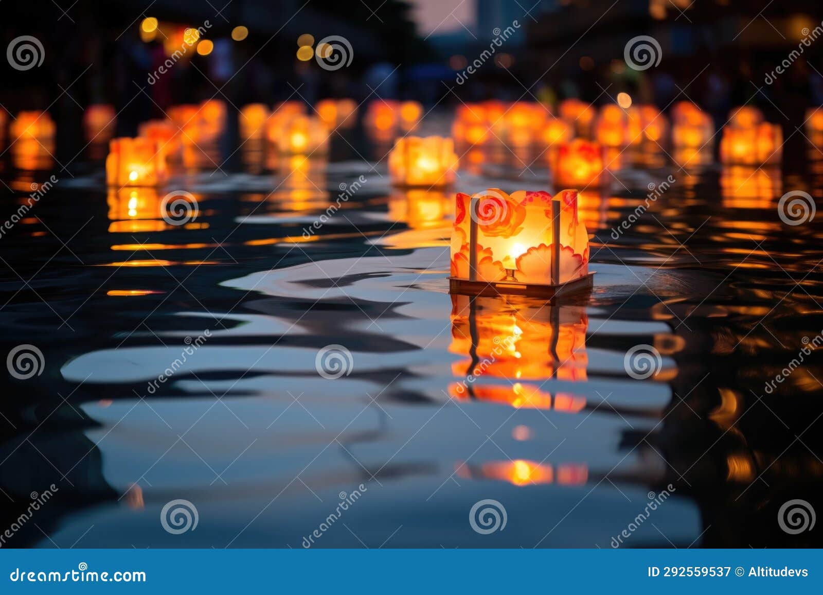 Glowing Lanterns Floating on Water at Dusk Stock Image - Image of ...