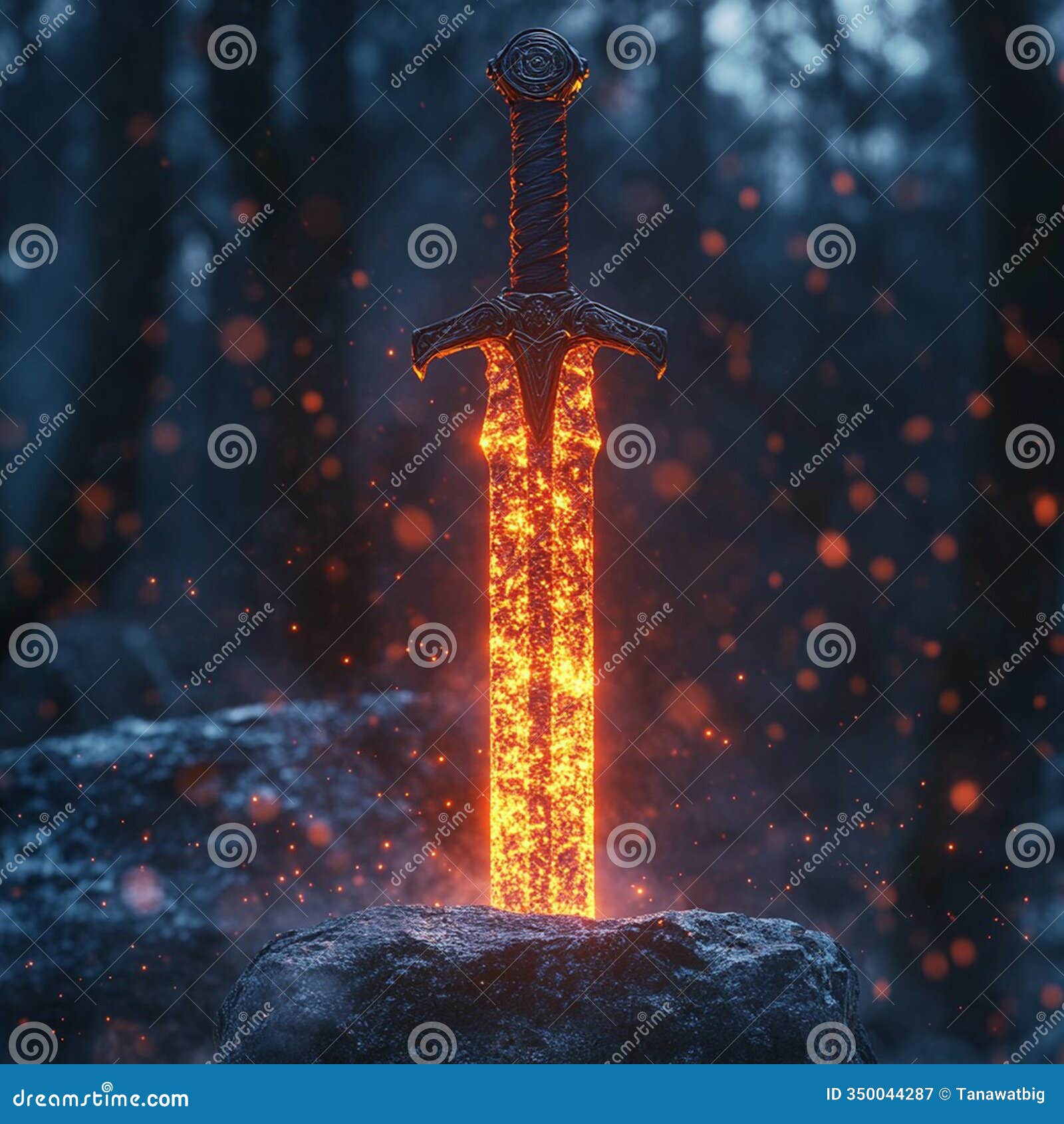 Glowing Lava Sword in Mystical Forest Setting. Stock Illustration ...