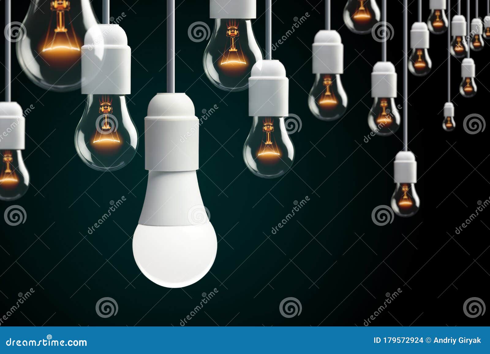 Glowing LED Bulb and Simple Light Bulbs on a Dark Green Background ...