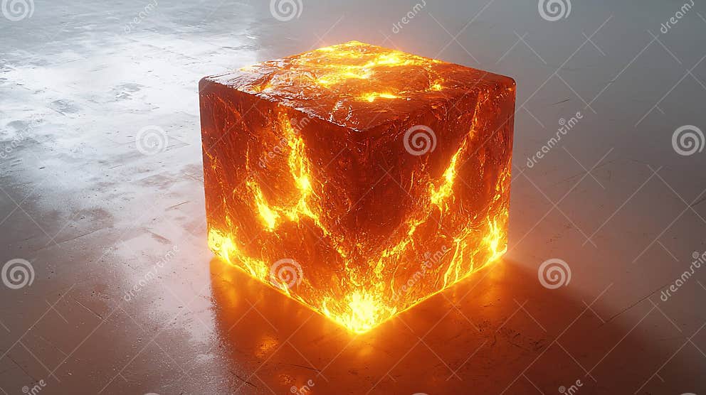 Glowing Levitating Cube of Molten Lava Hovering Above a Reflective Surface Stock Illustration ...