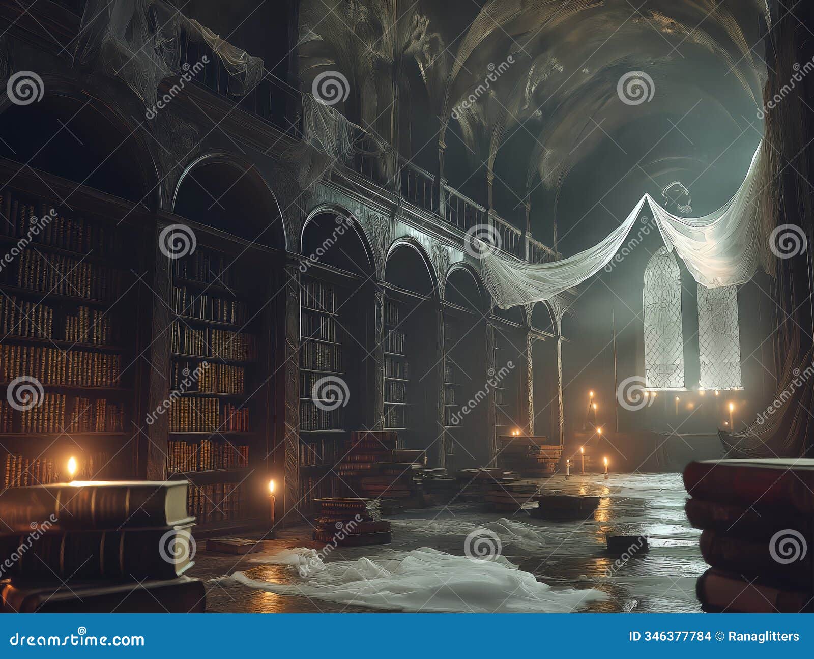 Grand Candlelit Library with Intricate Architectural Designs Stock ...