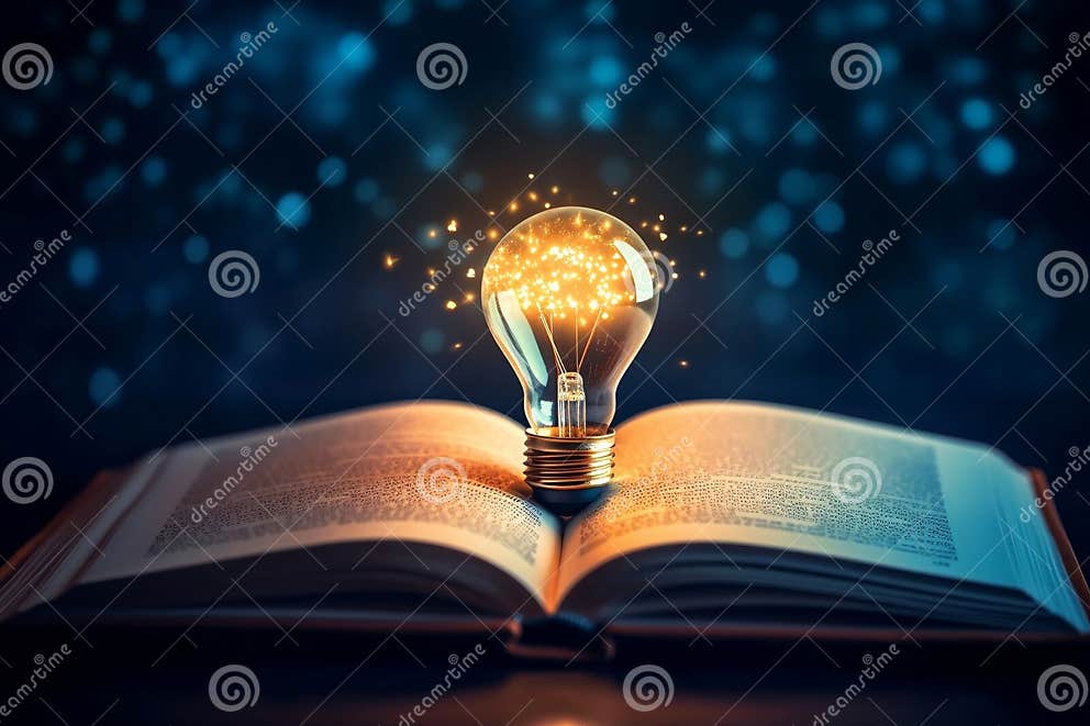 Glowing Light Bulb on a Book, Power of Knowledge, Wisdom from Reading ...
