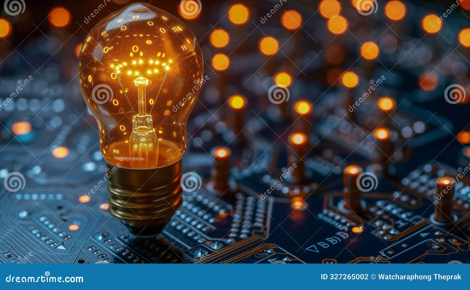 Glowing Light Bulb On A Circuit Board With Orange LEDs Stock Photo ...