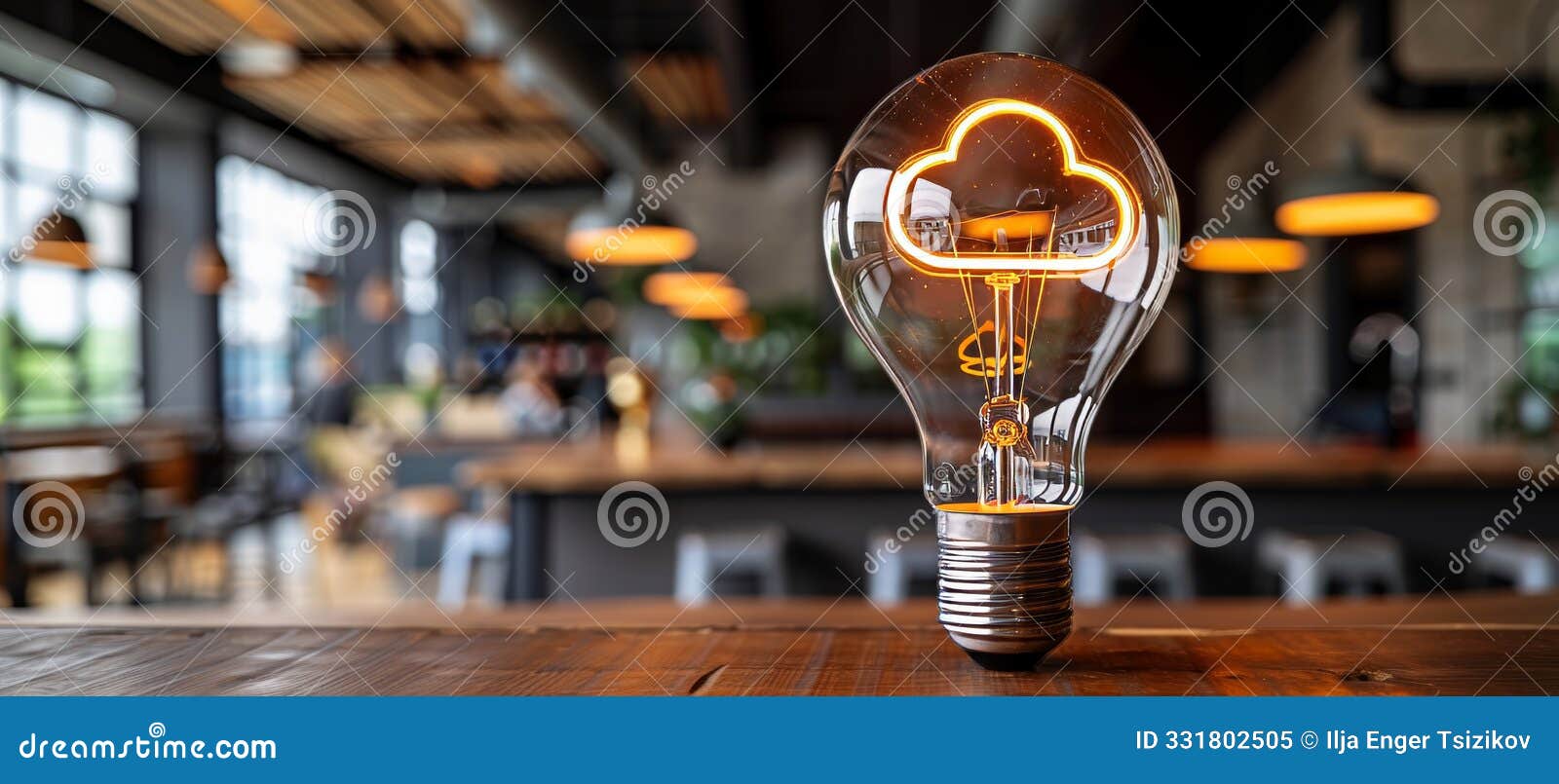 Glowing Light Bulb with Cloud Computing Symbol in Blurred Industrial ...