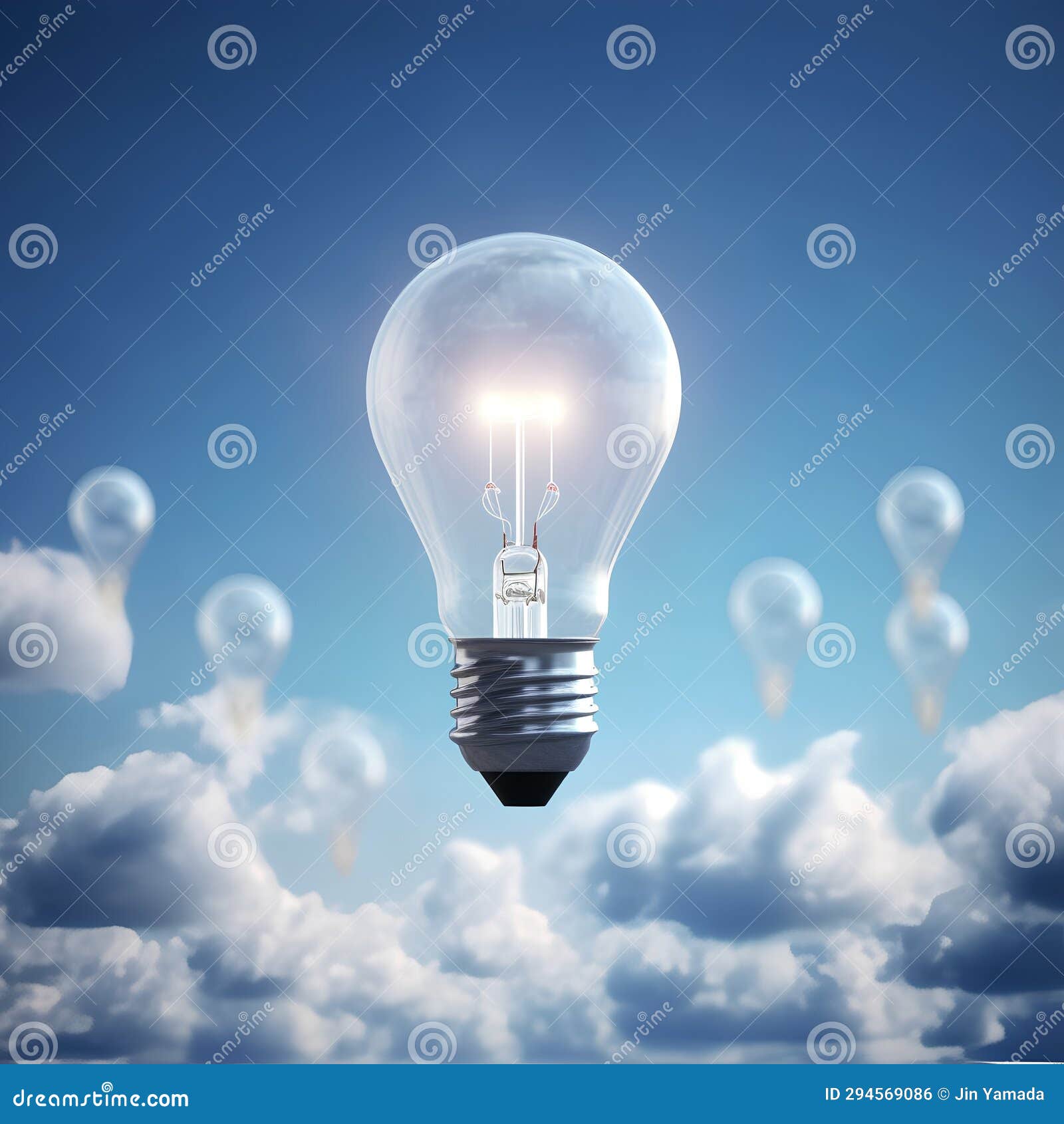 Glowing Light Bulb on Cloudy Blue Sky Background. 3D Rendering Stock ...