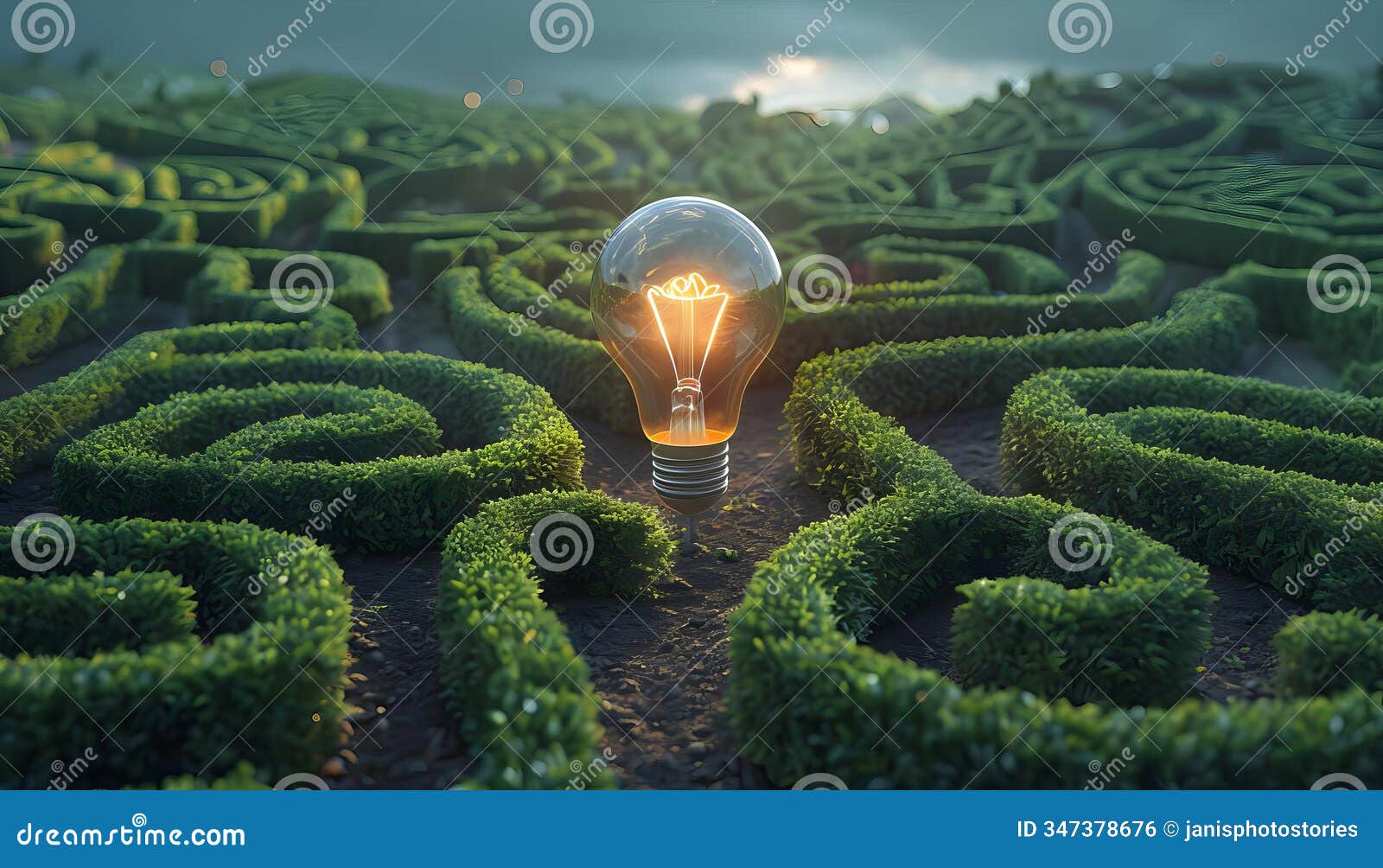 Glowing Light Bulb in a Green Maze, Symbolizing Innovation and ...