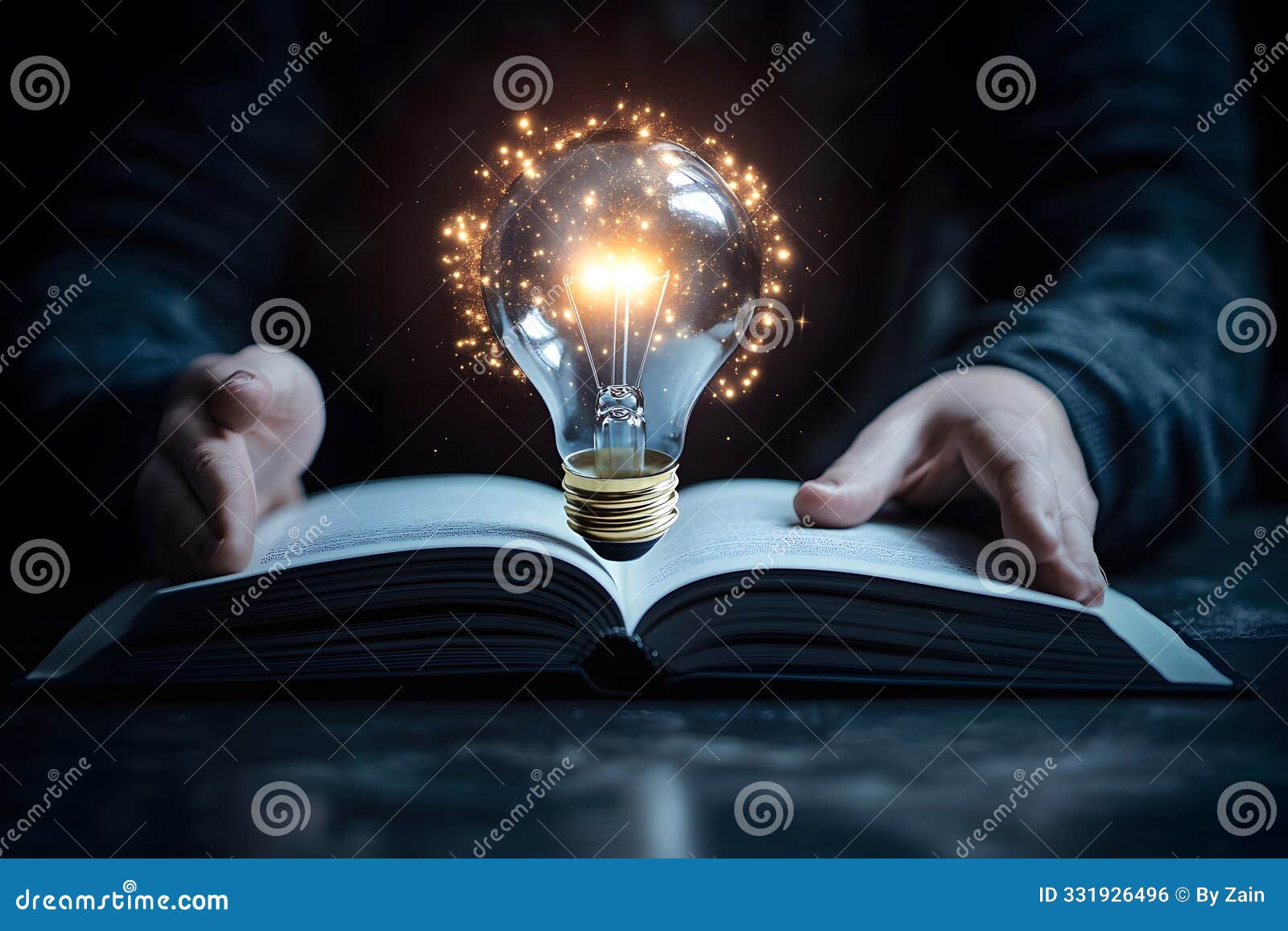 Glowing Light Bulb Hovering Over Open Book Symbolizing Knowledge and ...
