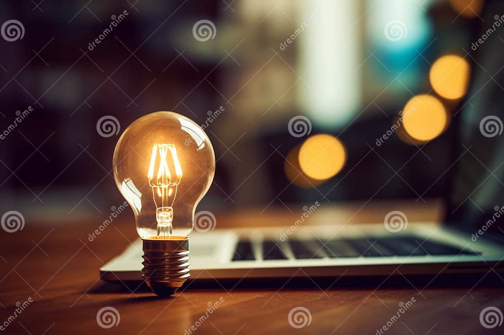 Glowing Light Bulb on Laptop Computer, Working with Creativity and ...