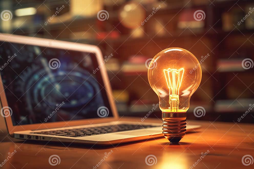 Glowing Light Bulb on Laptop Computer, Working with Creativity and ...