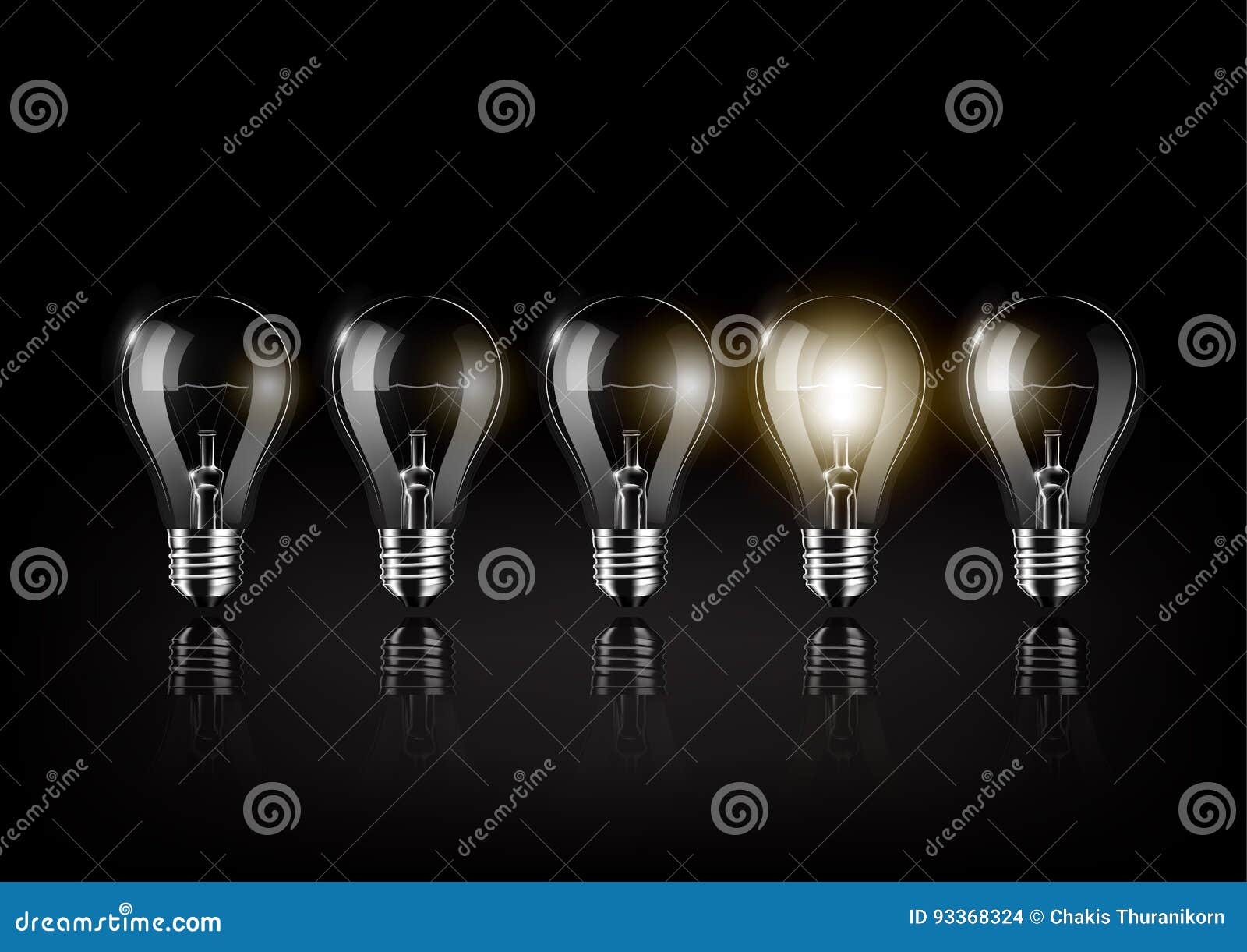 Glowing Light Bulb is among a Lot of Turned Off Light Bulbs on Black ...