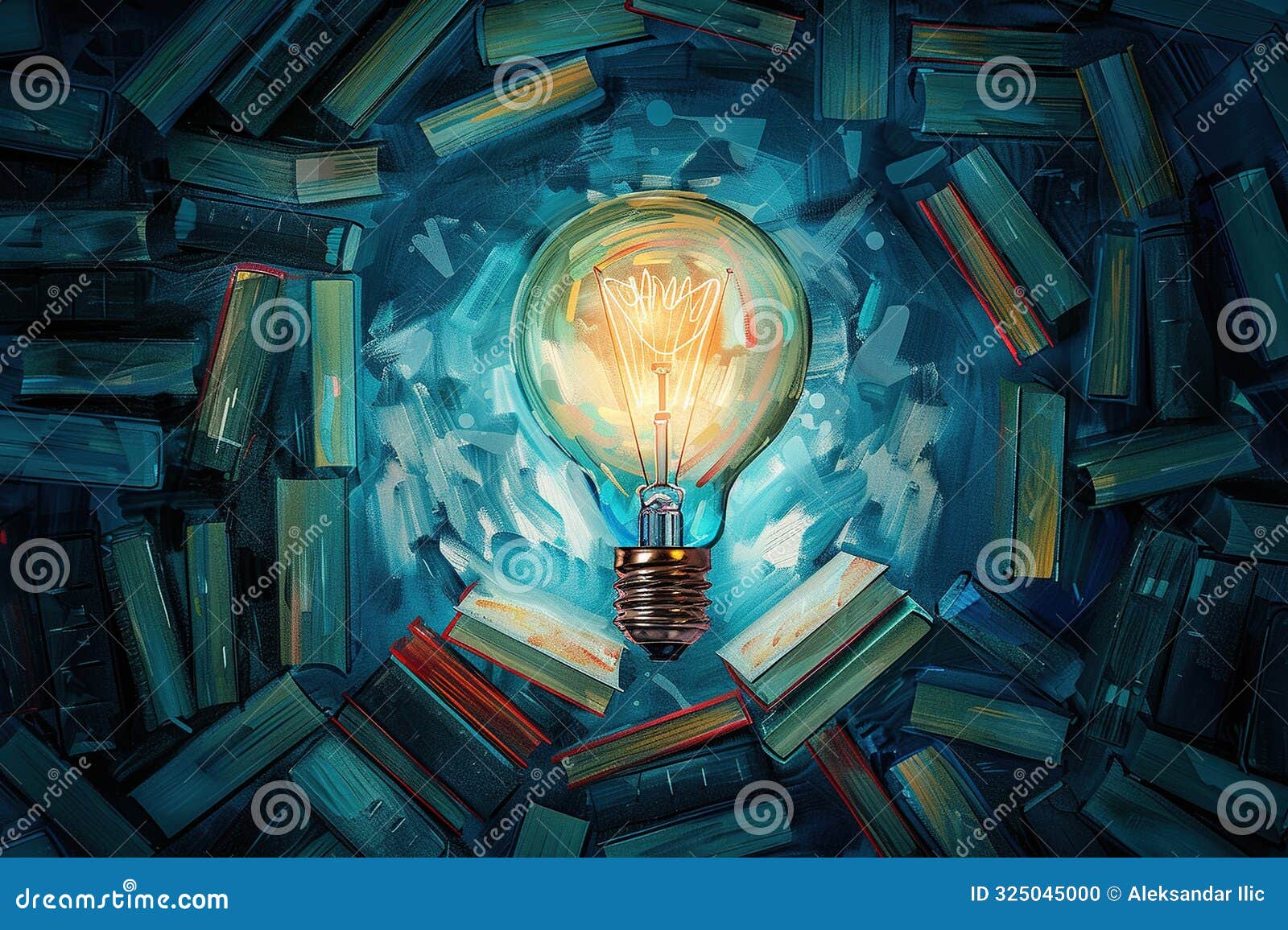 Glowing Light Bulb in the Middle of Books Positioned Circle. Ideas and ...