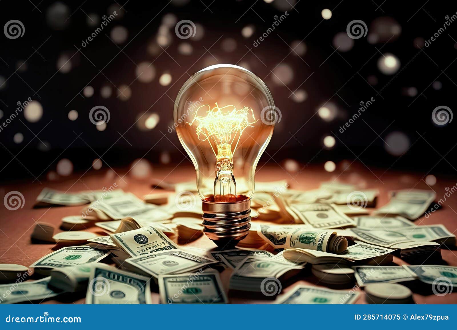 Glowing Light Bulb among Money Banknotes - Business and Money Making ...