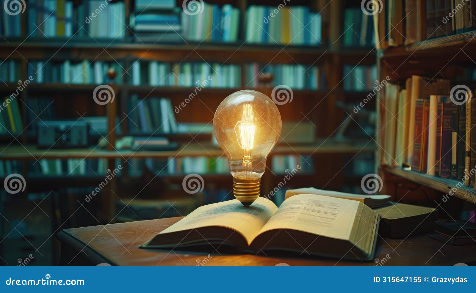 Glowing Light Bulb on the Open Book at Library. Self-learning, and ...