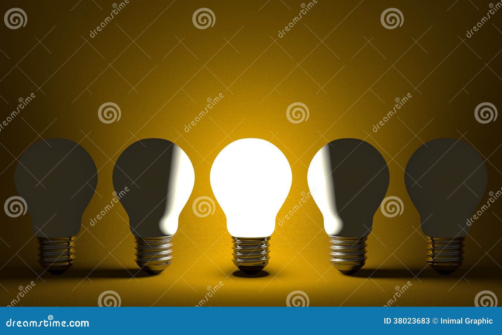 Glowing Light Bulb in Row of Switched Off Ones on Yellow. Front View ...