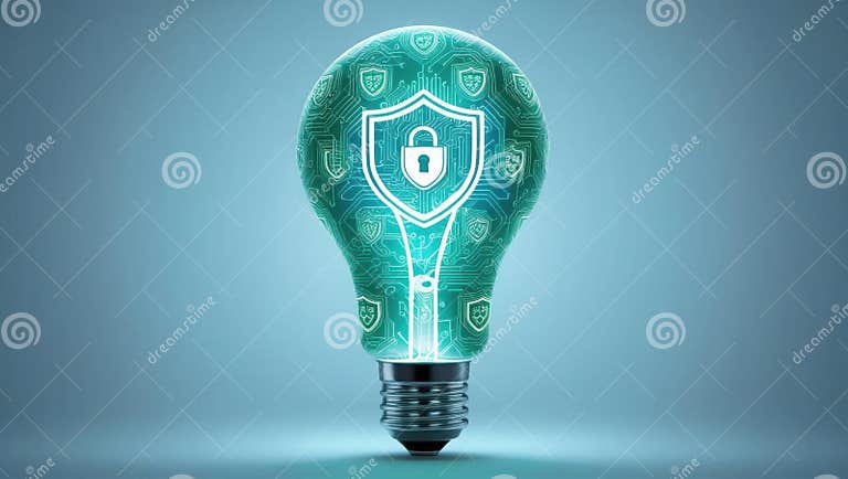 Glowing Light Bulb with a Shield and Lock Design, Symbolizing Security ...