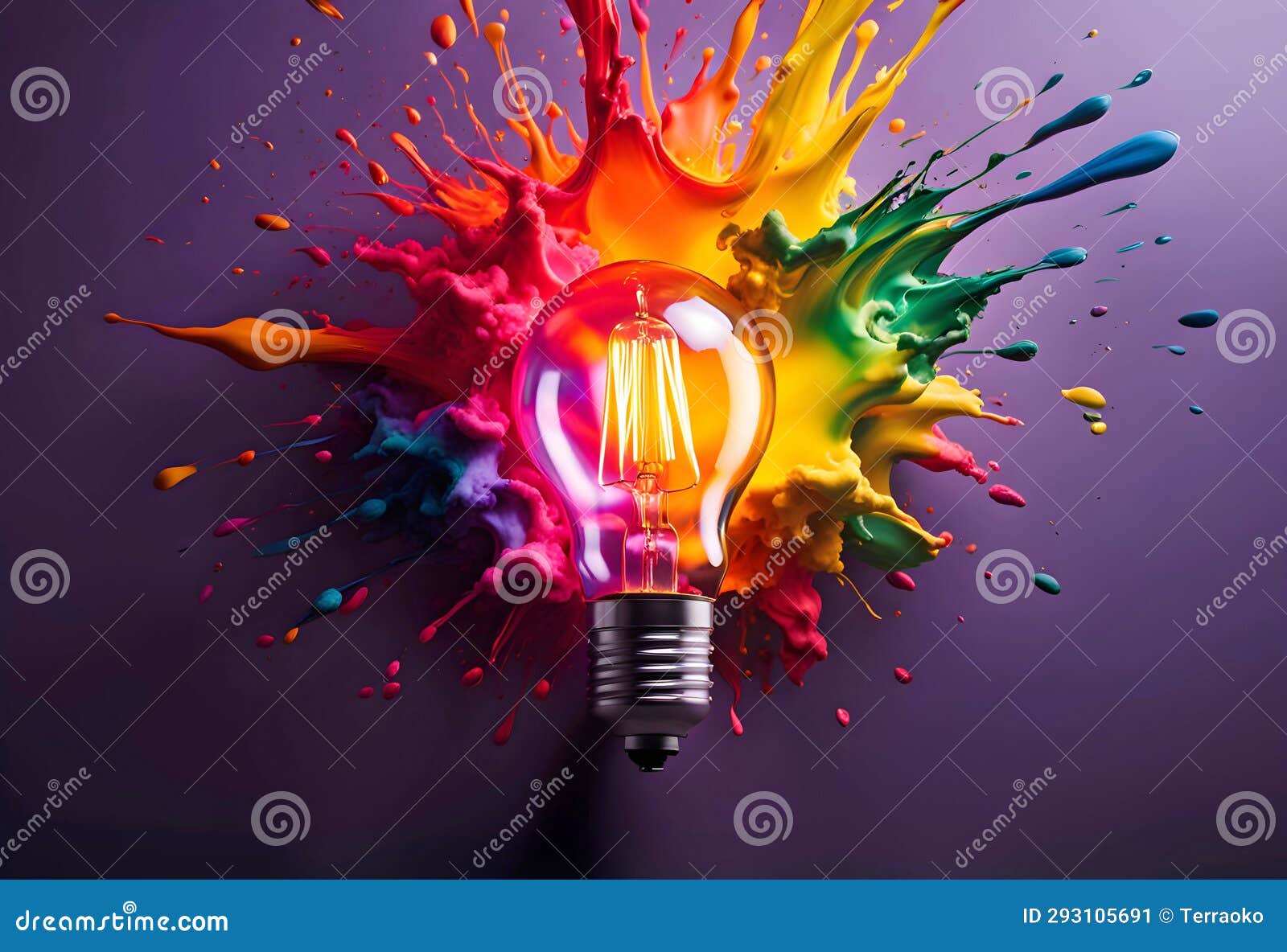 Glowing Light Bulb with Splashes of Bright Paint and Sparks on a Black ...