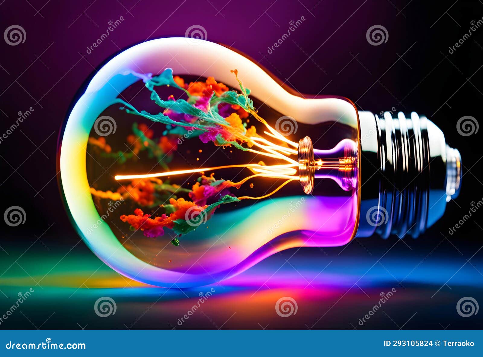 Glowing Light Bulb with Splashes of Bright Paint and Sparks on a Black ...