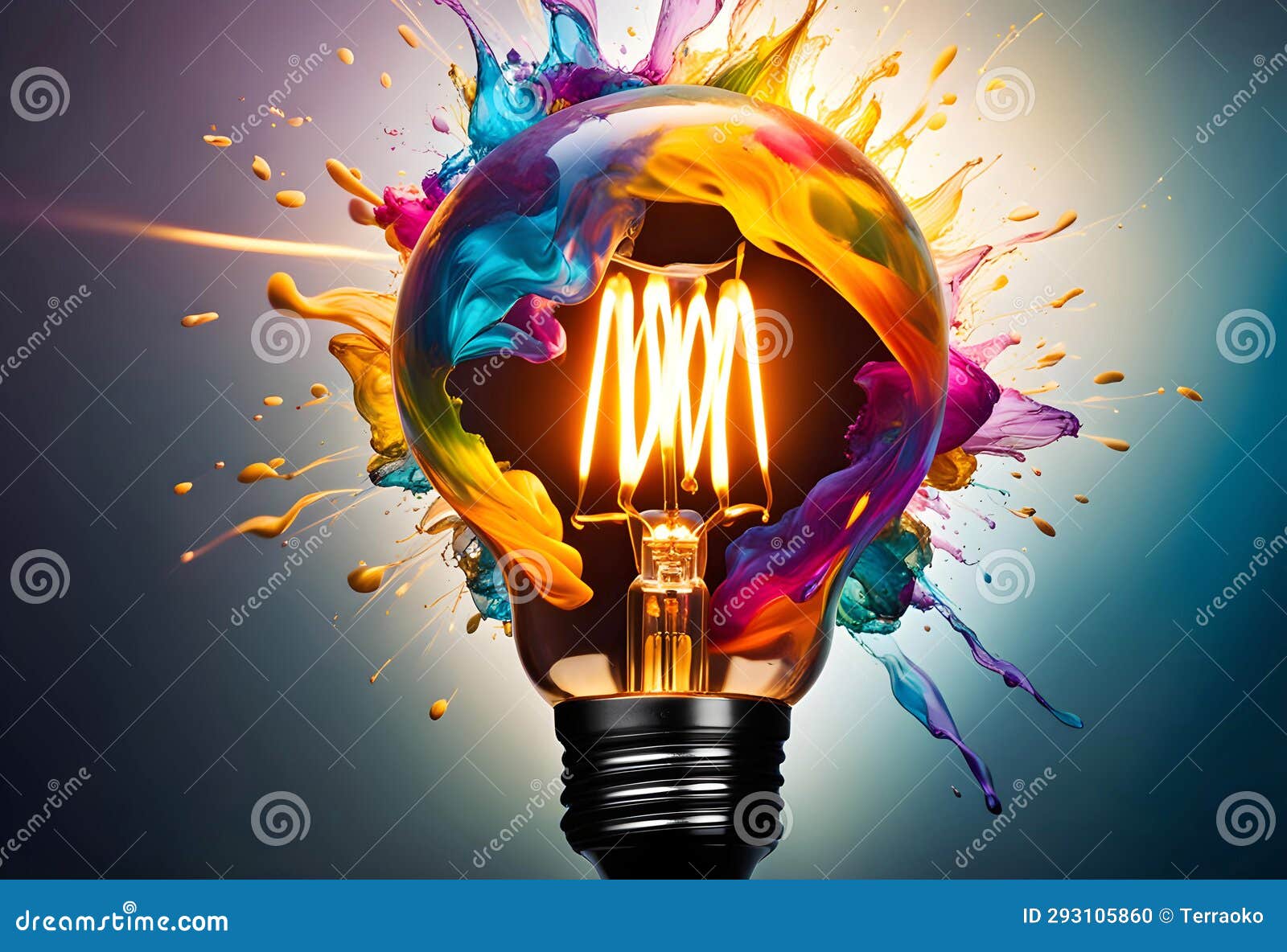 Glowing Light Bulb with Splashes of Bright Paint and Sparks on a Black ...