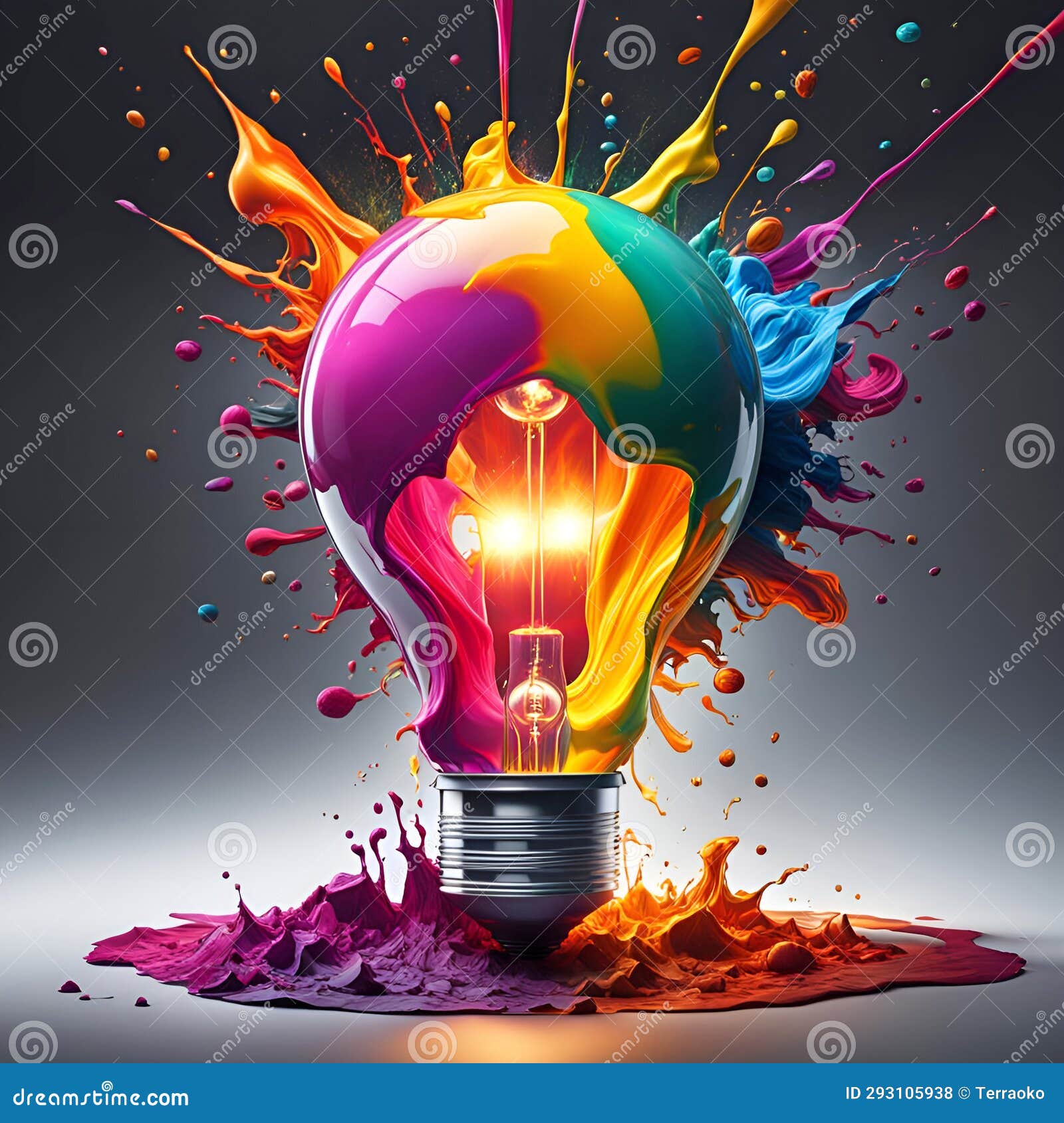 Glowing Light Bulb with Splashes of Bright Paint and Sparks on a Black ...