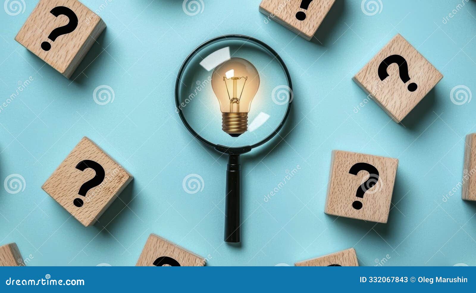 A Glowing Light Bulb Under a Magnifying Glass among Cubes with Question ...