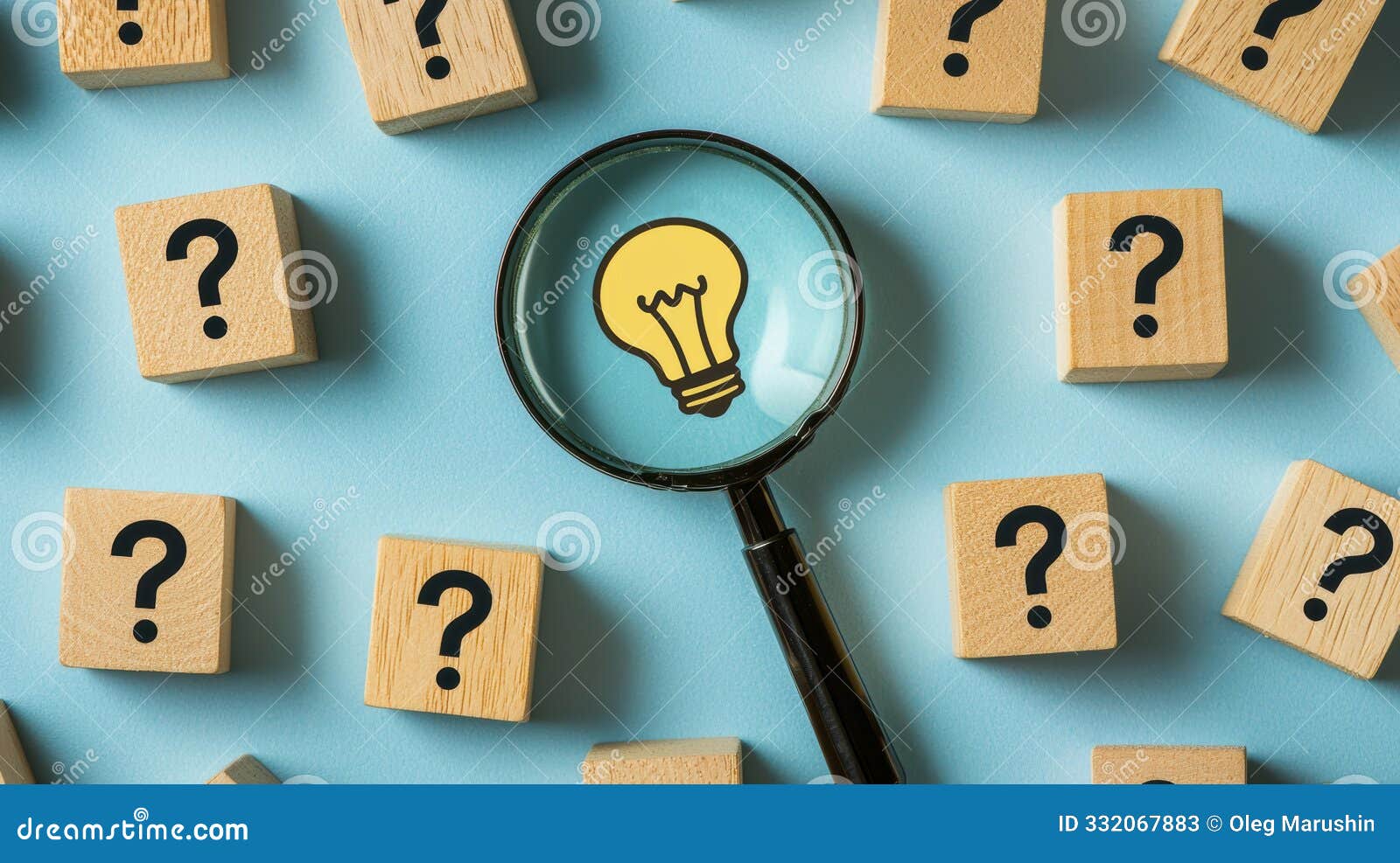 A Glowing Light Bulb Under a Magnifying Glass among Cubes with Question ...