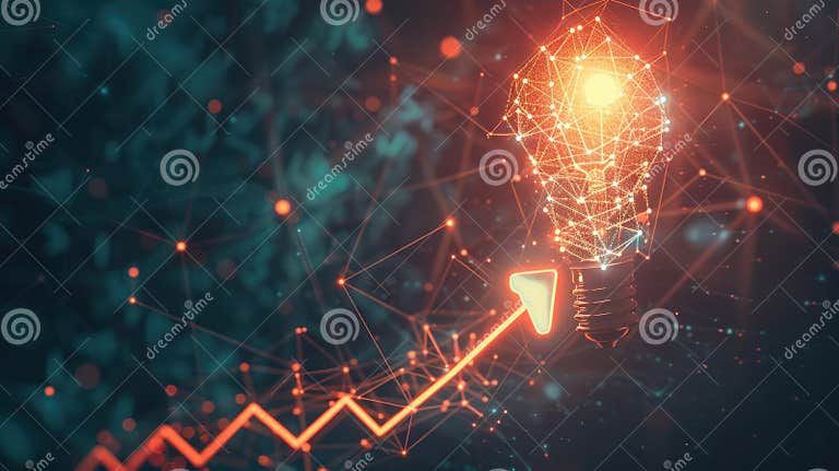 Glowing Light Bulb and Upward Arrow on a Network of Lines and Points ...