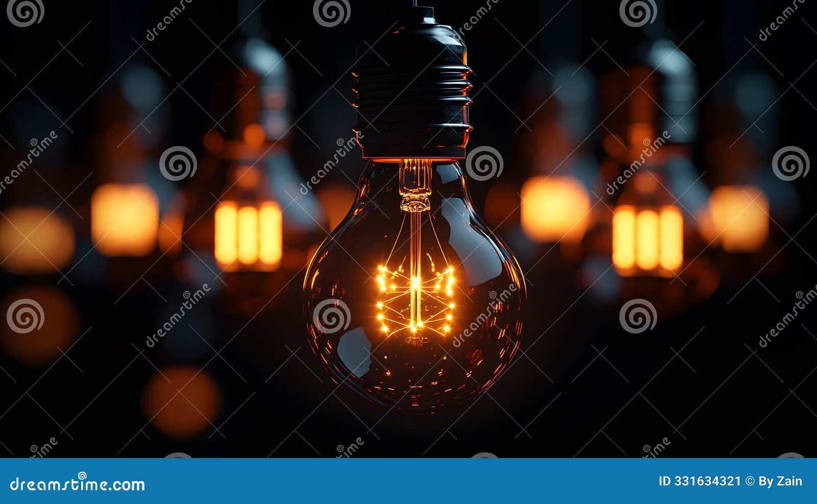 Glowing Light Bulbs Hanging in a on a Dark Background Representing ...