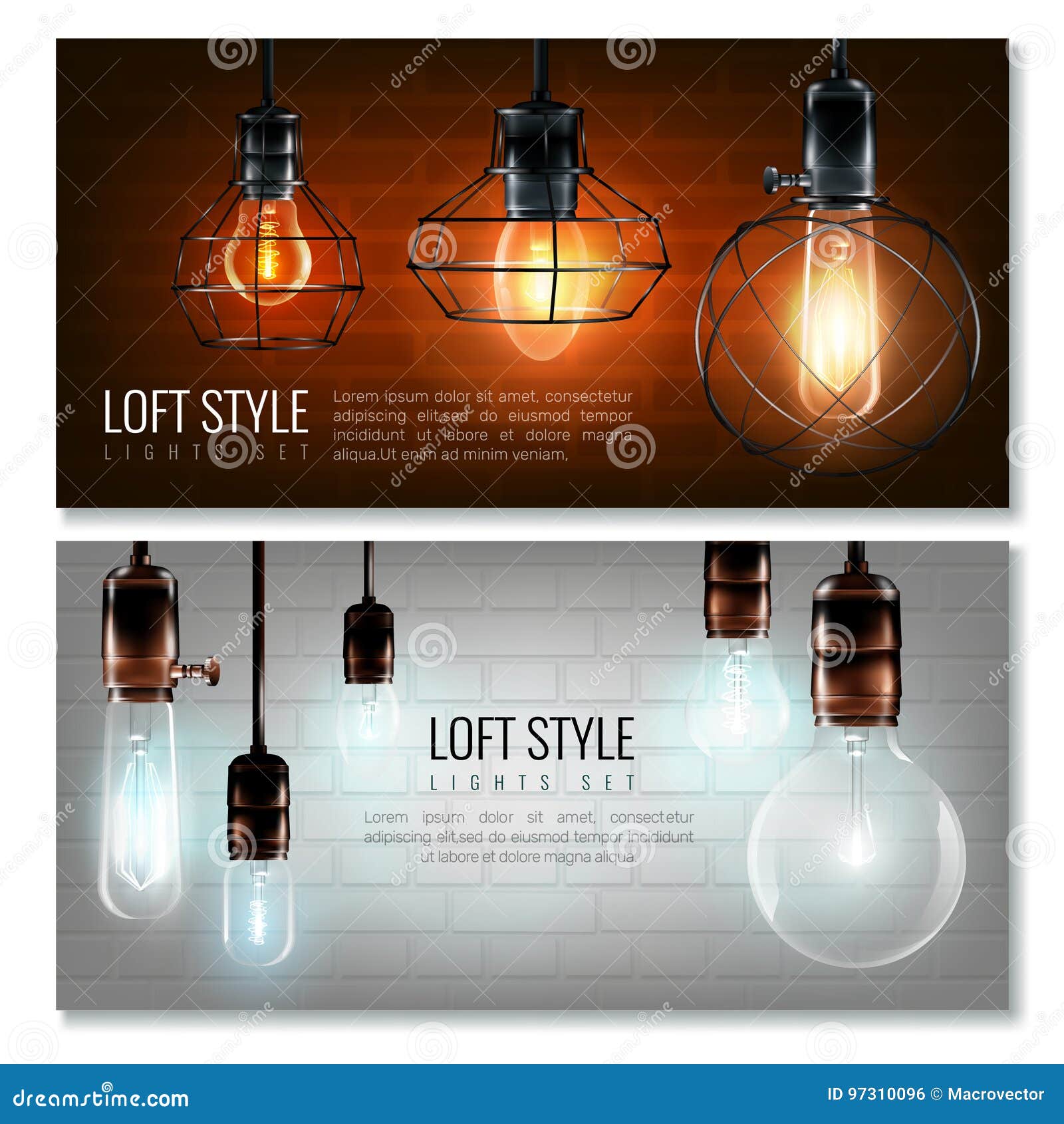 Glowing Light Bulbs Horizontal Banner Set Stock Vector - Illustration ...