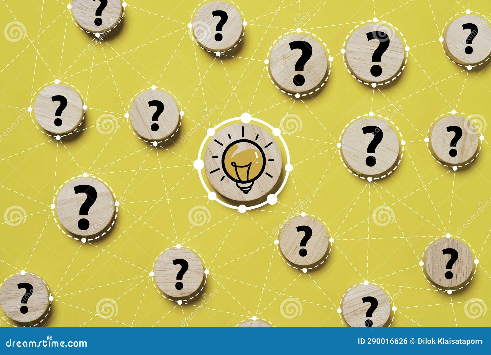 Glowing Lightbulb Connection Linkage with Question Mark on Round Wooden for Creative Thinking ...