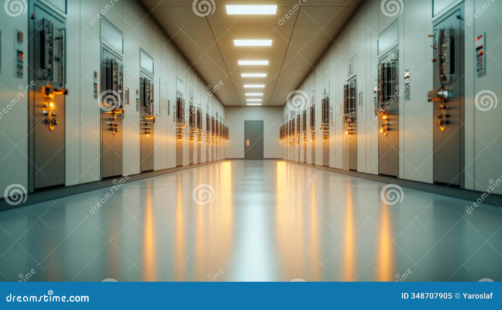 Glowing Lights Illuminate a Long, Futuristic Corridor Lined with ...