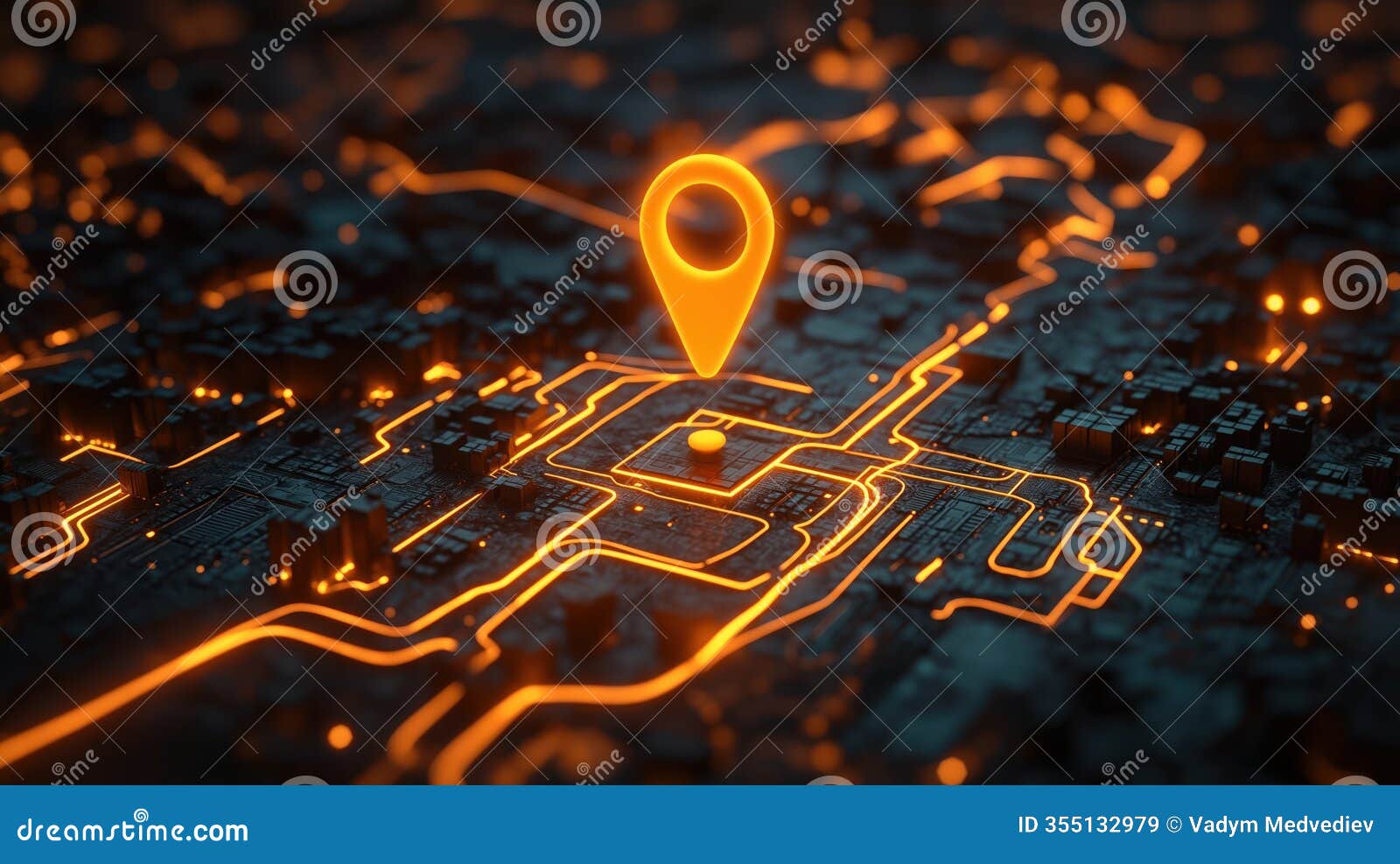 Glowing Location Pin Highlights City Map Visualized As Complex Circuit ...
