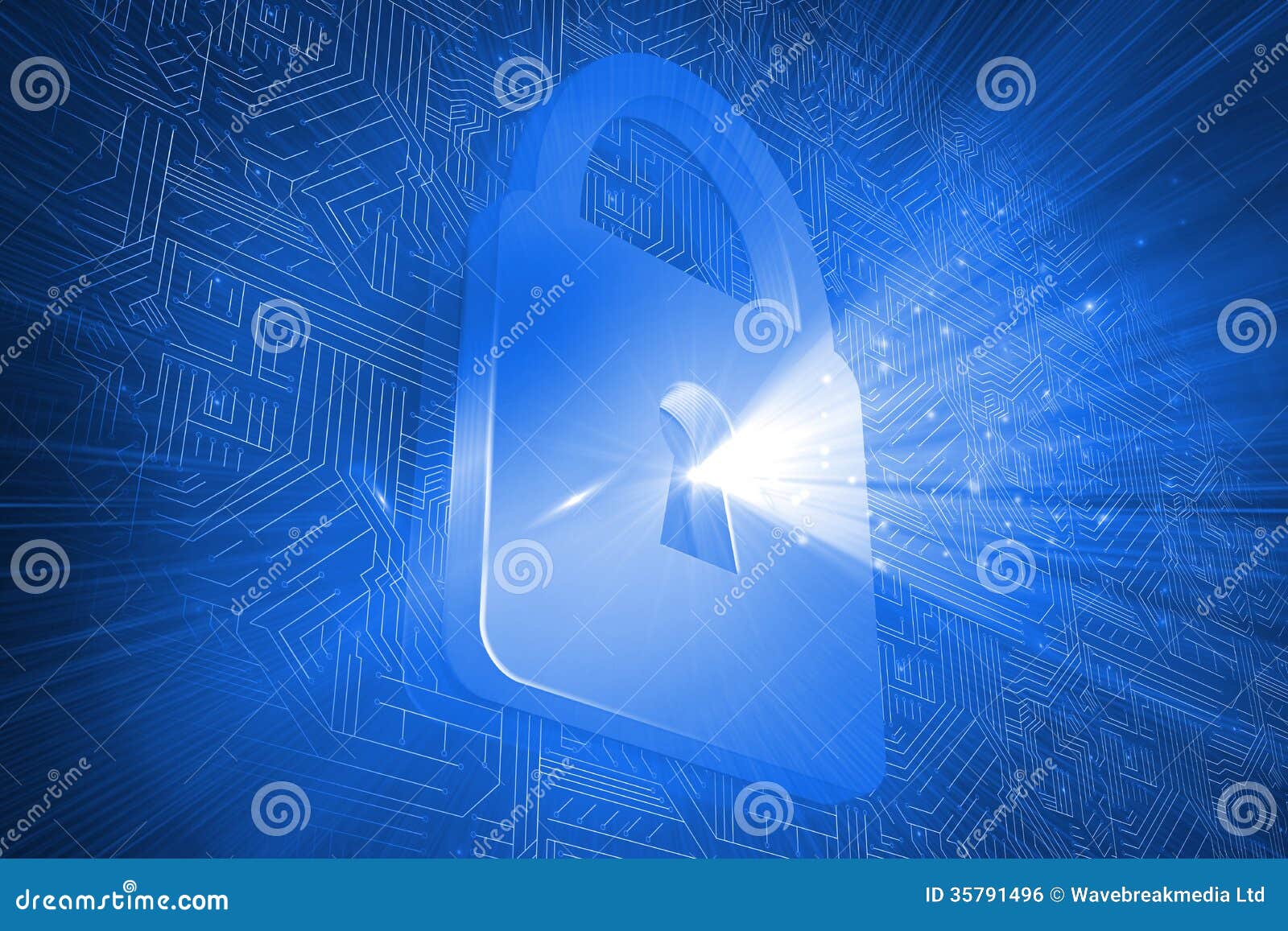Glowing Lock on Blue Circuit Background Stock Illustration ...