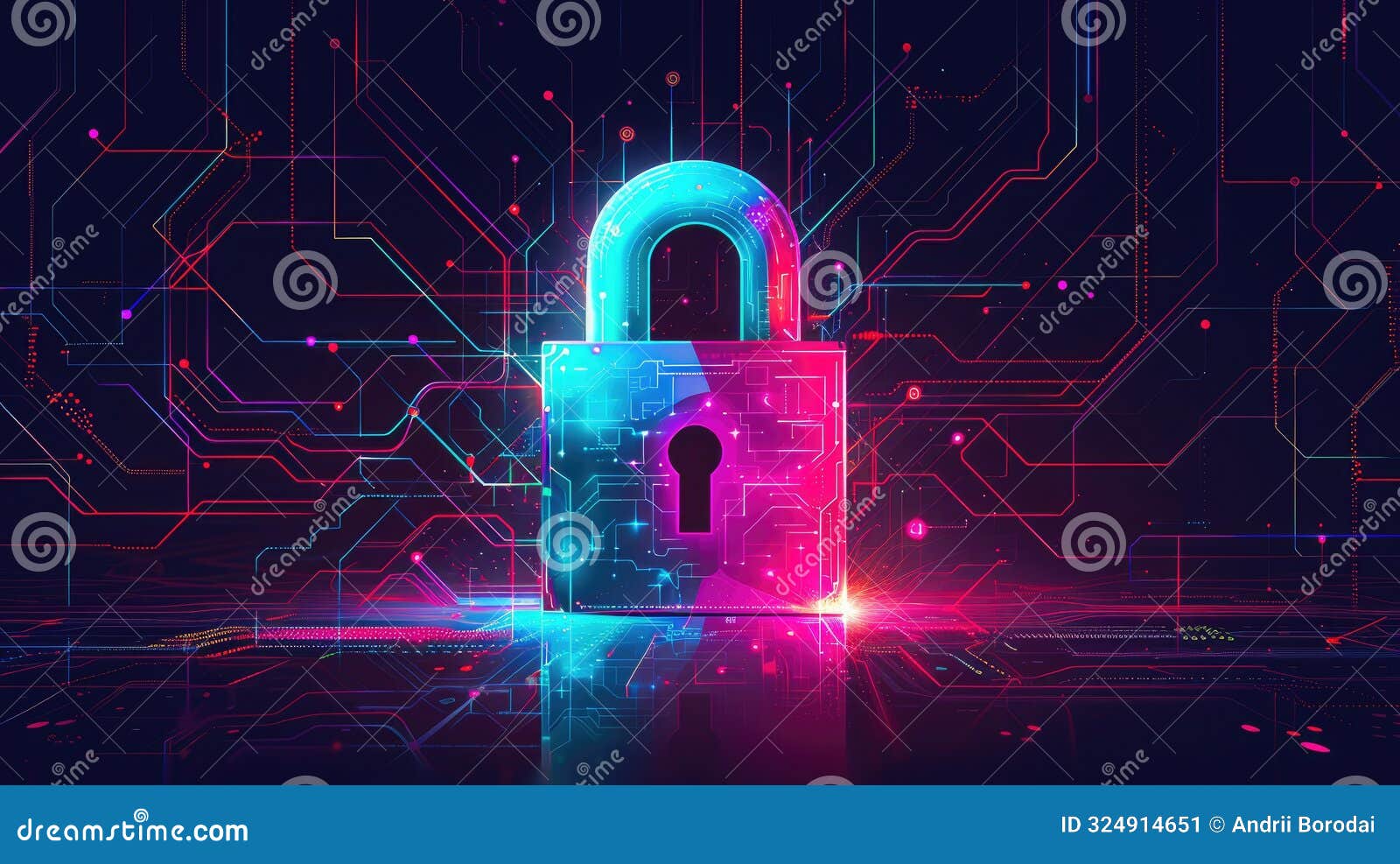 Glowing Lock and Circuits in Cyber Security Theme. Stock Illustration ...
