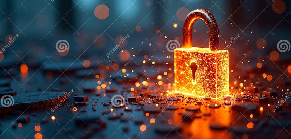 Glowing Lock in Cybersecurity Concept with Broken Particles Stock Image ...