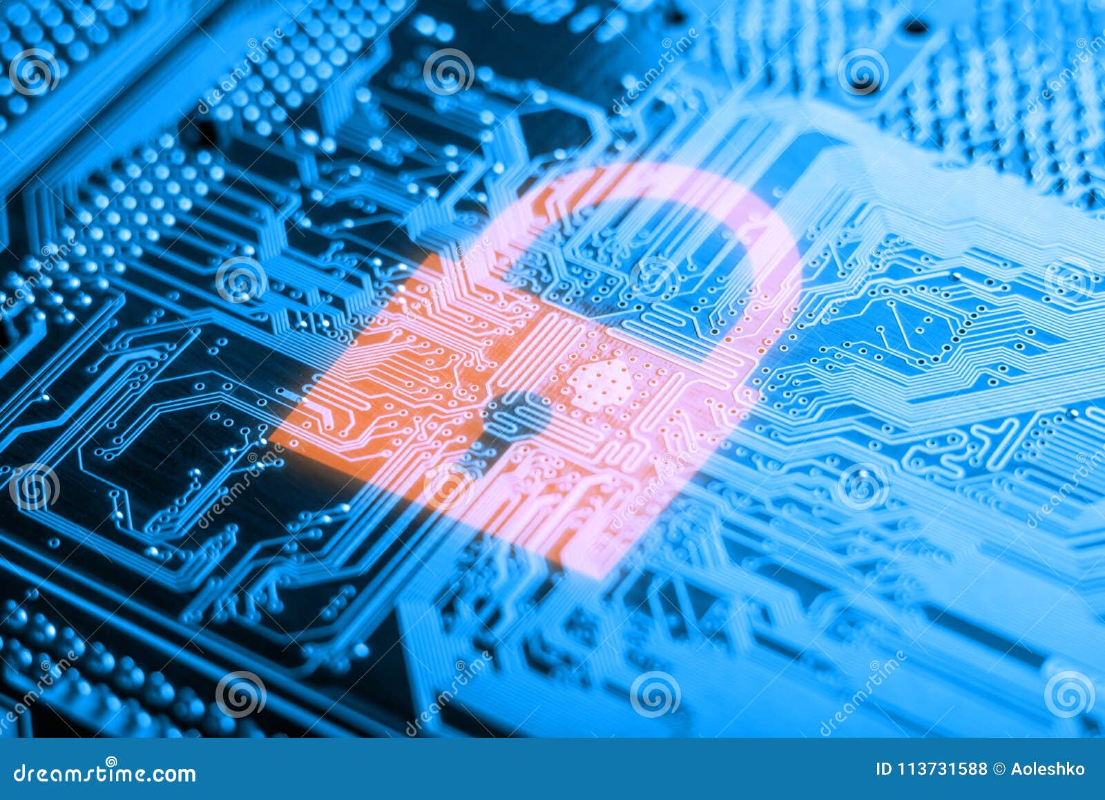 Glowing Lock Icon on the Electronic Board with a Microchip. Concept of ...