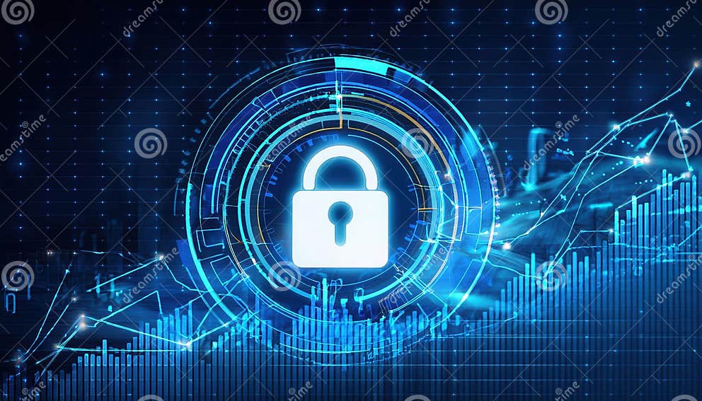 Glowing Lock Icon with Transaction Graphs on Digital Background ...