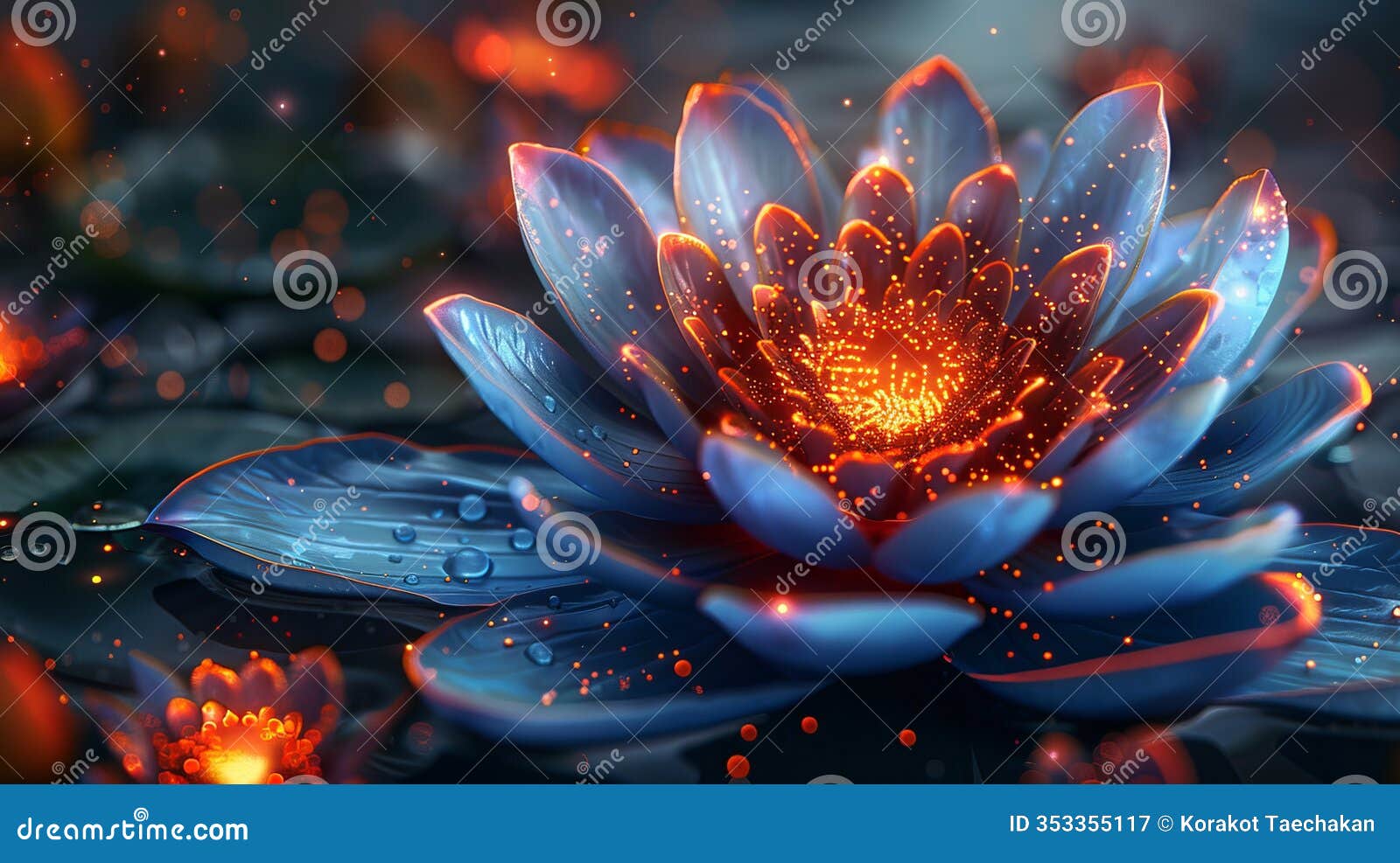 Glowing Lotus Flowers Float on the Surface of the Water Stock Image ...