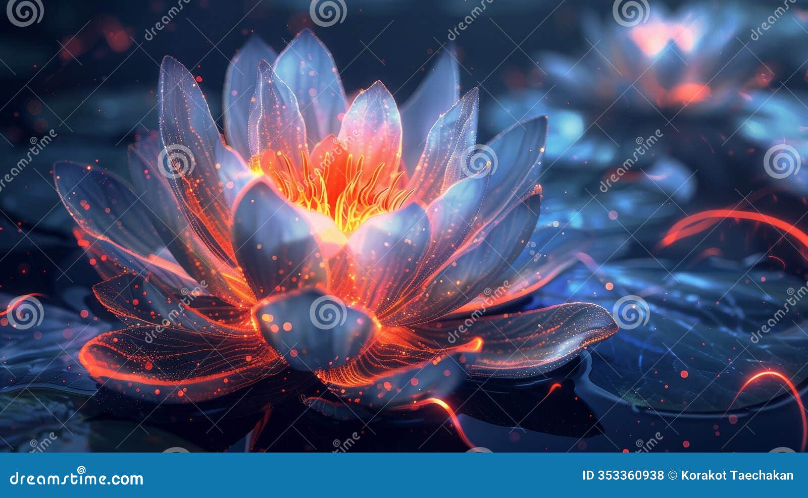 Glowing Lotus Flowers Float on the Surface of the Water Stock Photo ...