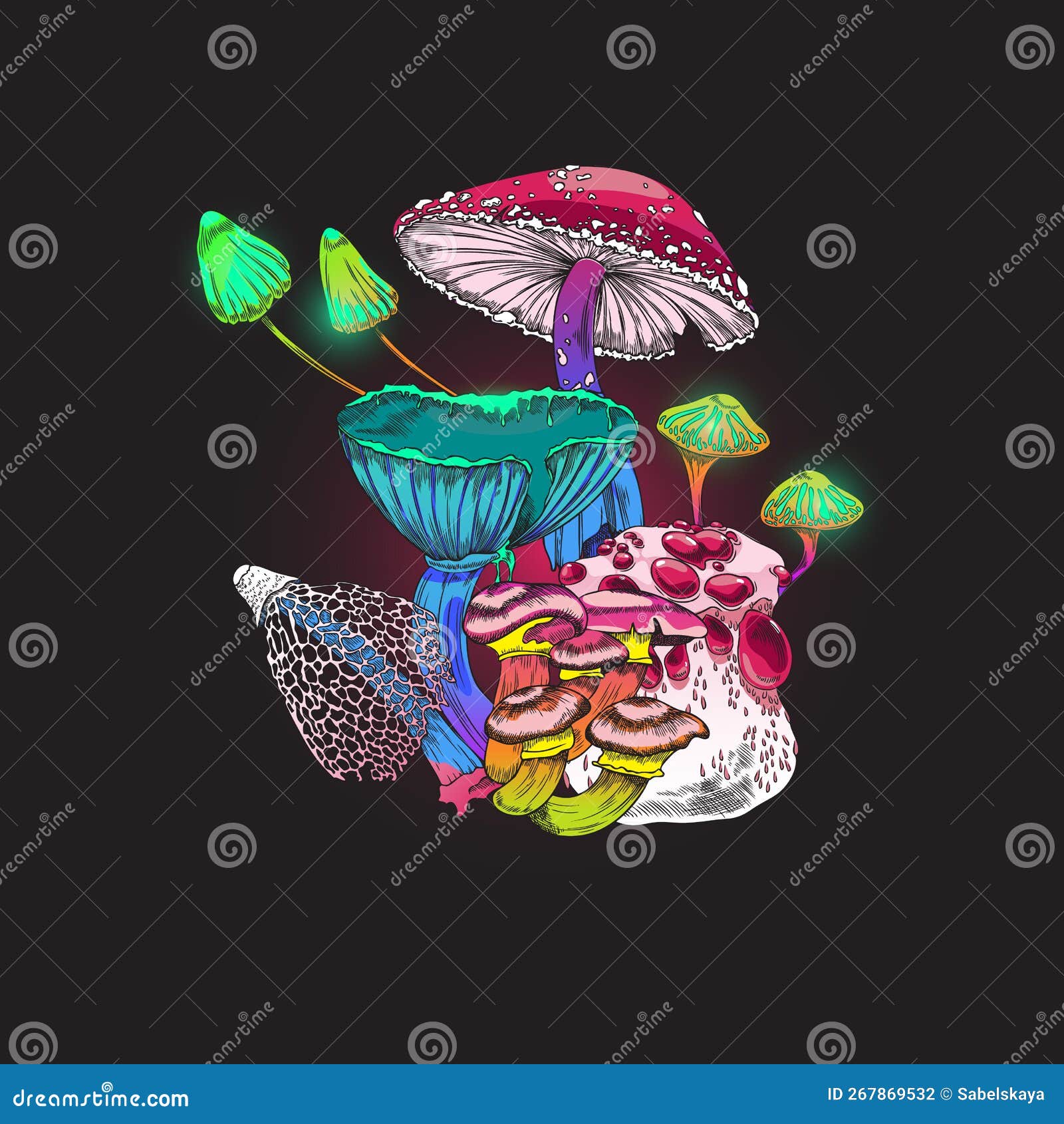 Glowing Magic Toadstools and Mushrooms Plants Vector Illustration ...