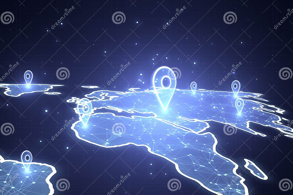 Glowing Map with Location Pins on Blurry Backdrop. GPS and Navigation ...